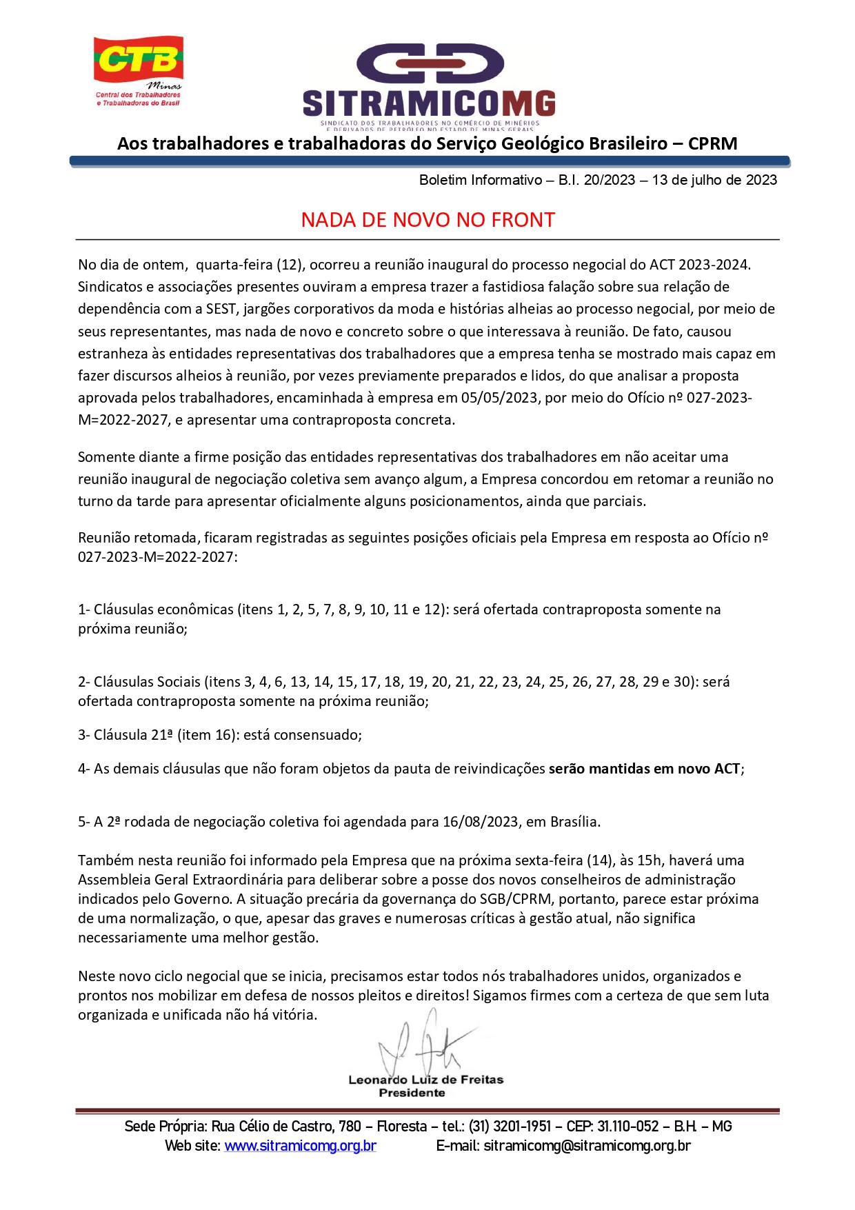 BOLETIM INFORMATIVO 20/2023 -SGB/CPRM / XXXV ACT 2023/2024 – Sitramico-MG